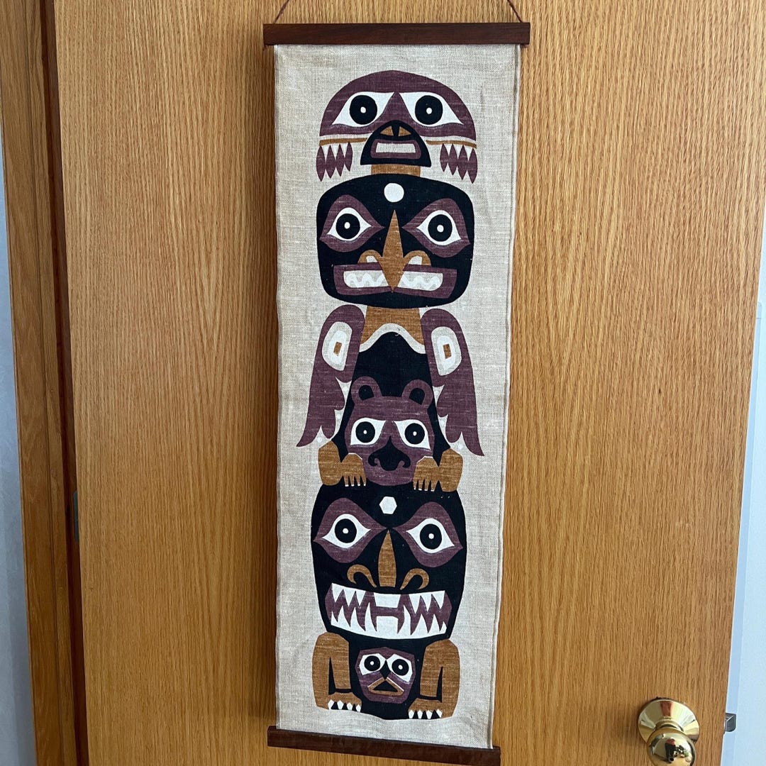 Mid-century Tiki Totem Pole Linen Wall Hanging Banner Inuit Design ...