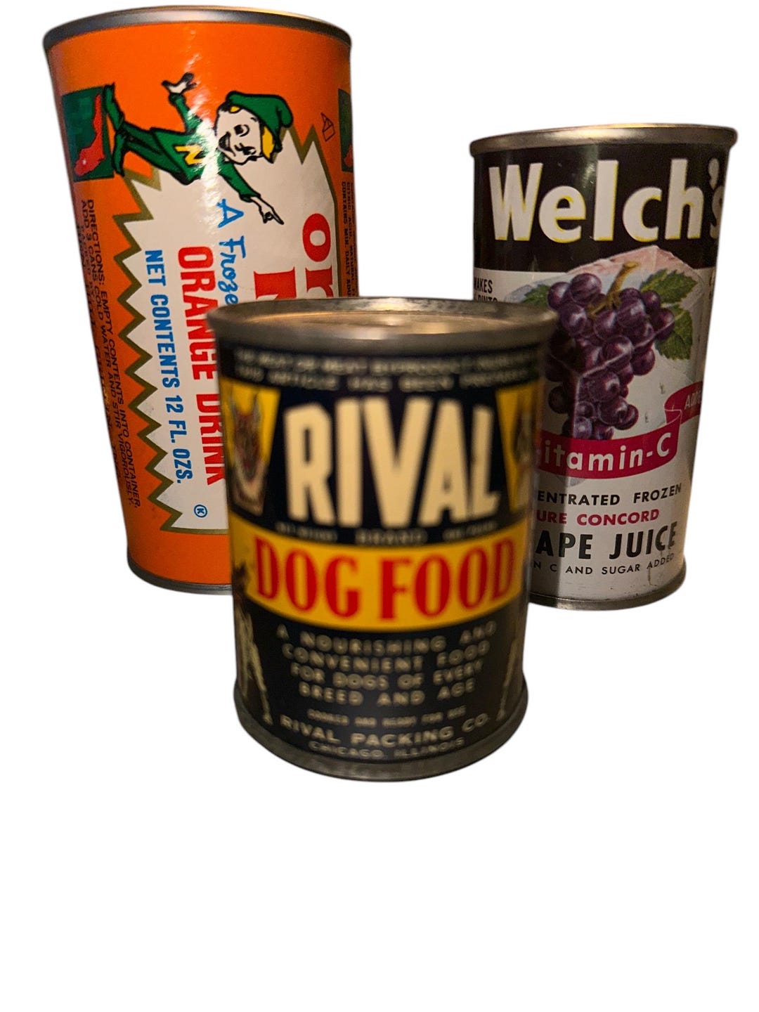 Vintage 50/60’s Orange Nip Drink Rival Dog Food Welch’s Grape Juice Tin ...