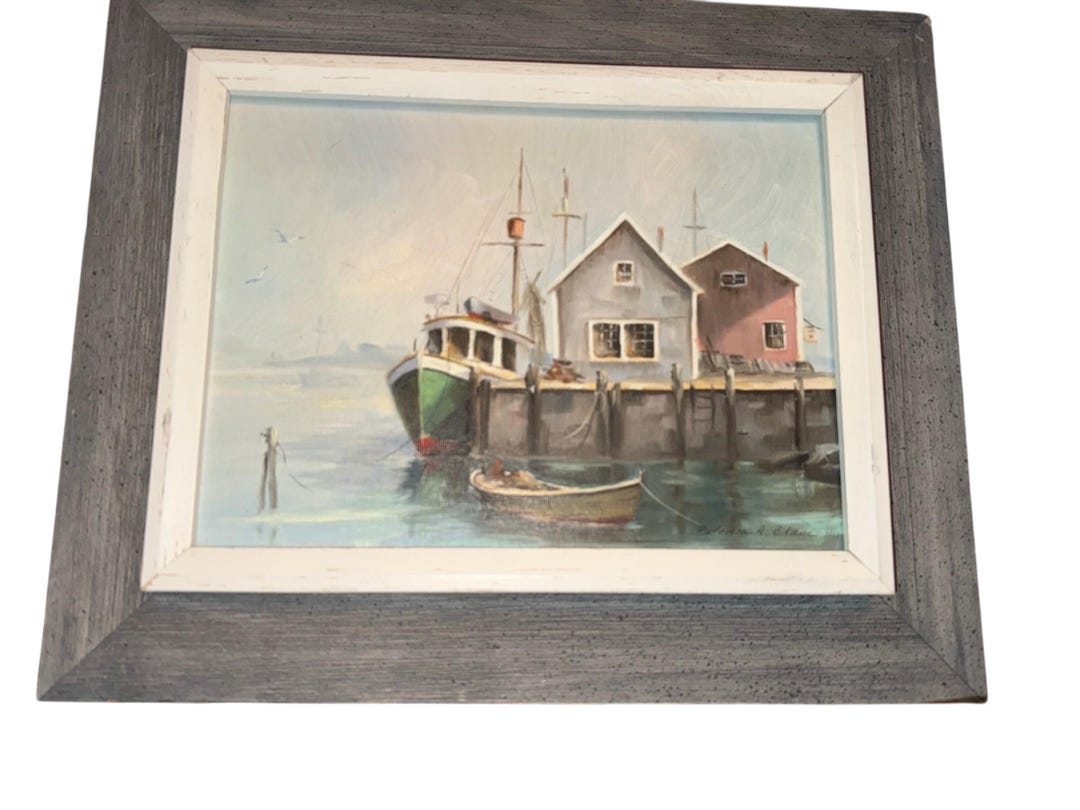 Vintage 80’s Patricia Blane Oil on Canvas Framed Harbor Fishing Boat ...