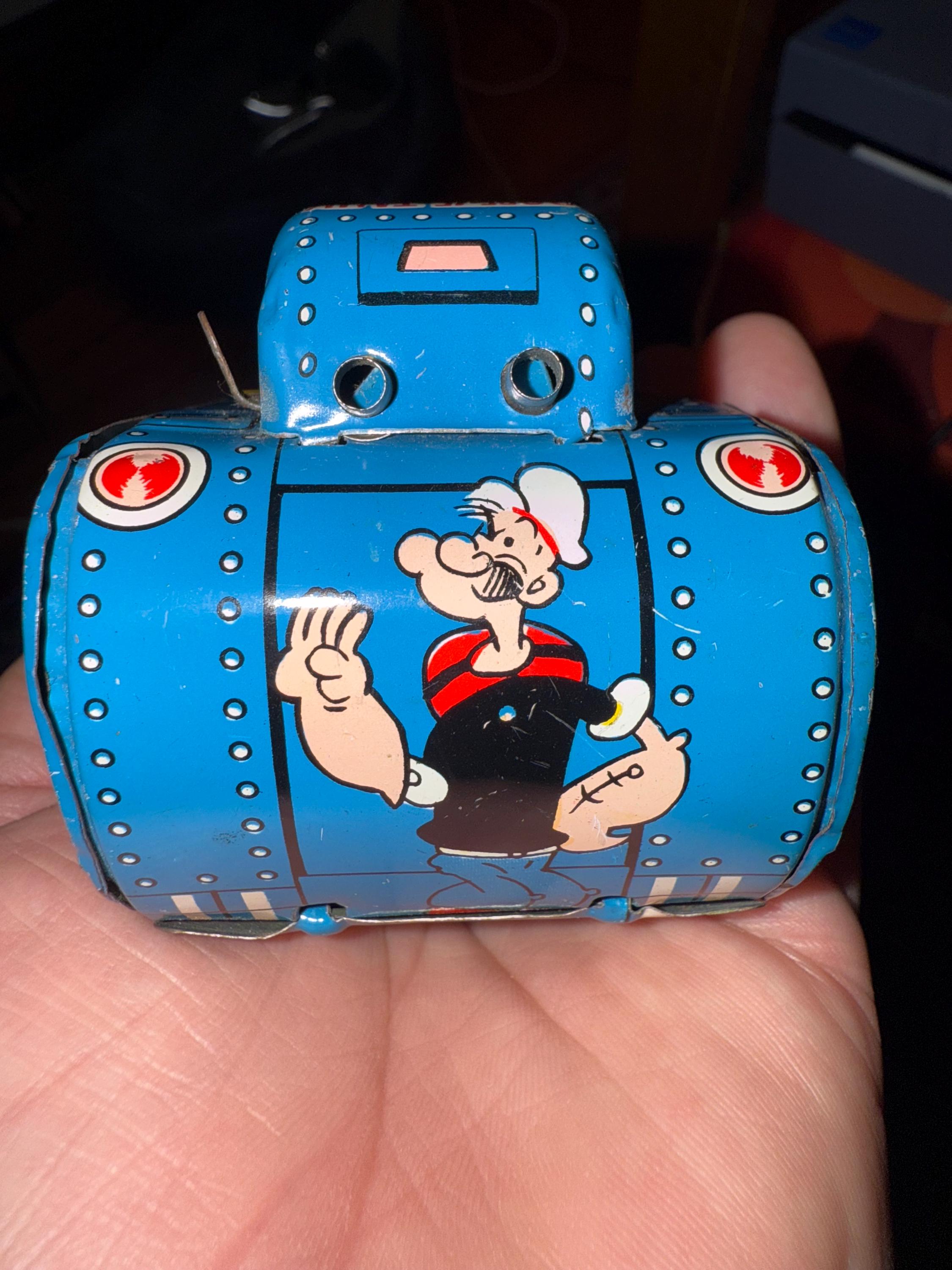 Vintage 50’s Line Mar Linemar Popeye Turnover Blue Tank Wind up Tin ...