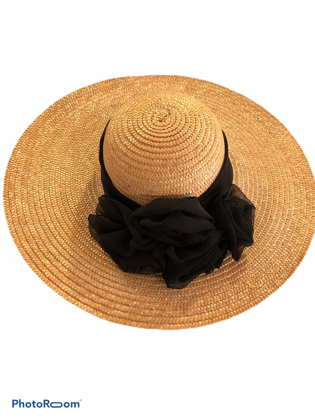 Vintage 90’s Toucan New York NY LA Wide Brim Floppy Weave Black Chiffon ...