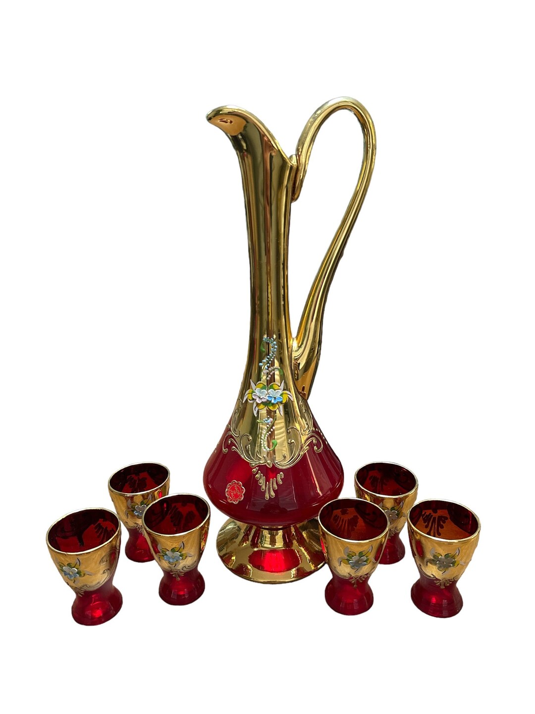 Vintage 40/50’s Mid Century Tre Fuoci Ruby Red 24k Gold Hand Decorated ...