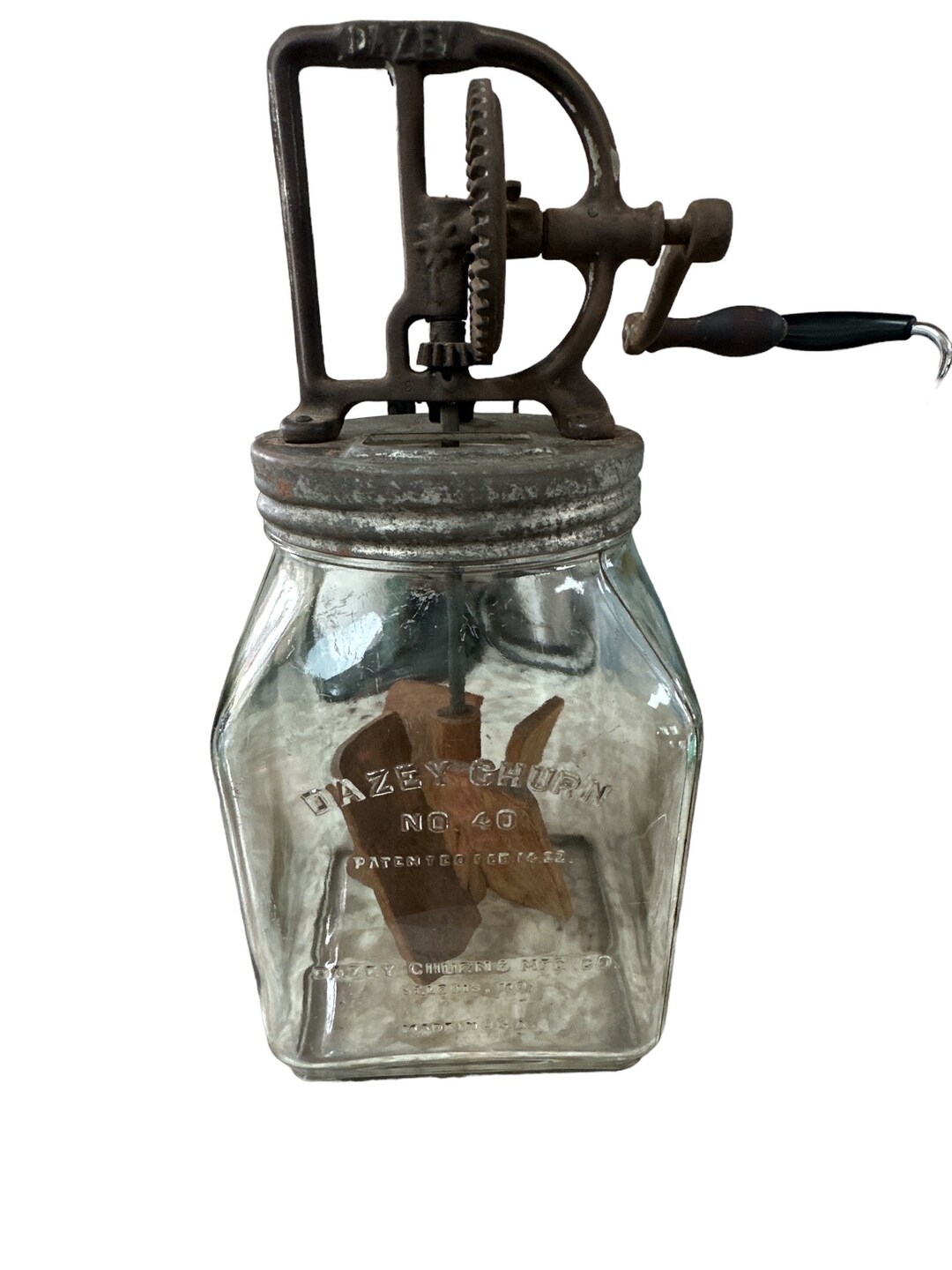 Vintage 20’s Dazey Butter Churn Glass Jar Wood Paddle Crank Handle No ...