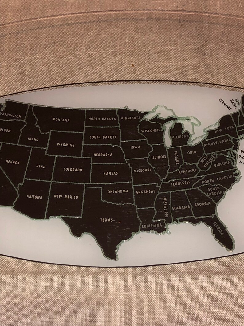 Vintage 60’s Map of United States State MCM Mid Century Oval Glass Tray ...
