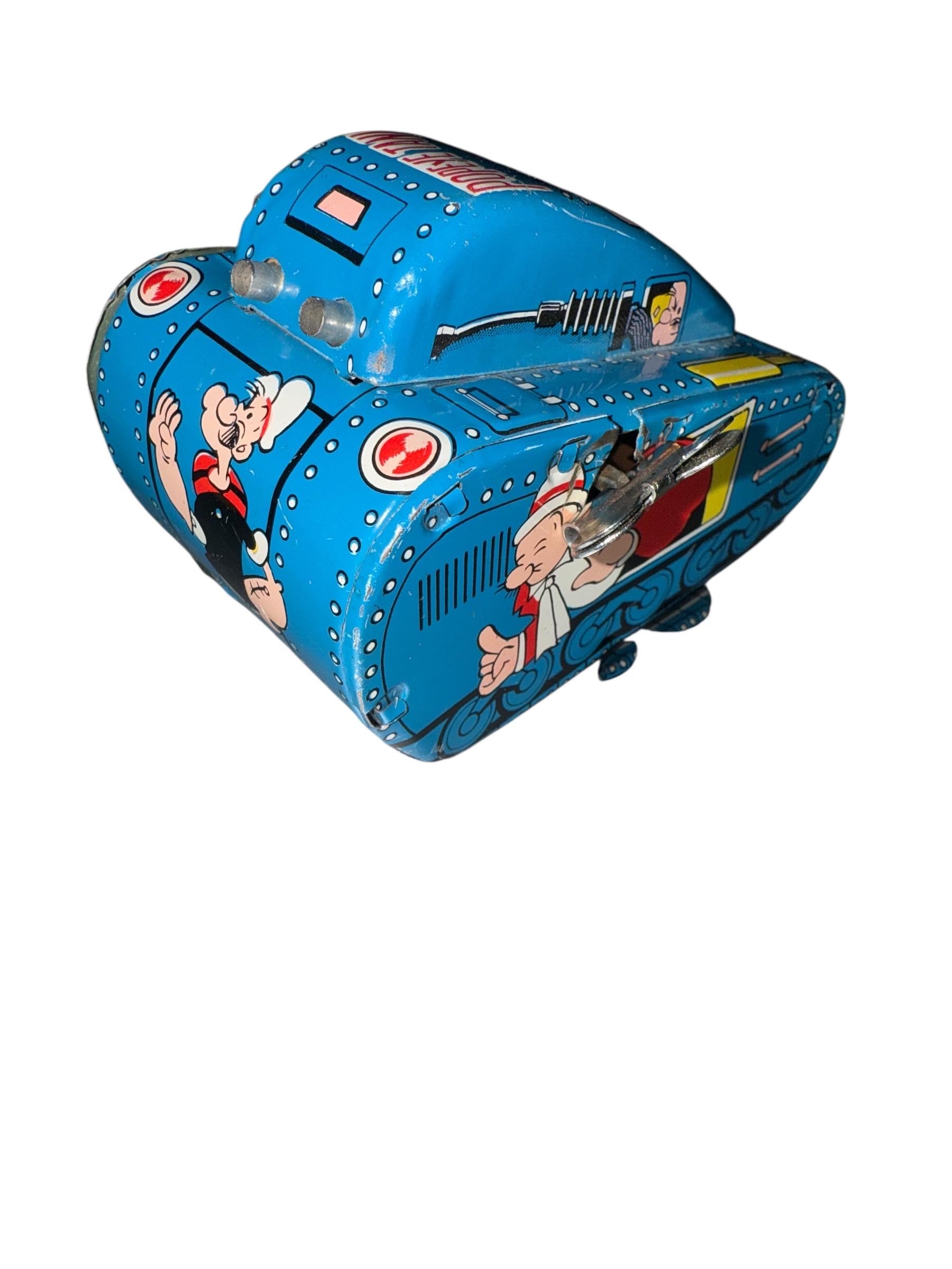 Vintage 50’s Line Mar Linemar Popeye Turnover Blue Tank Wind up Tin ...