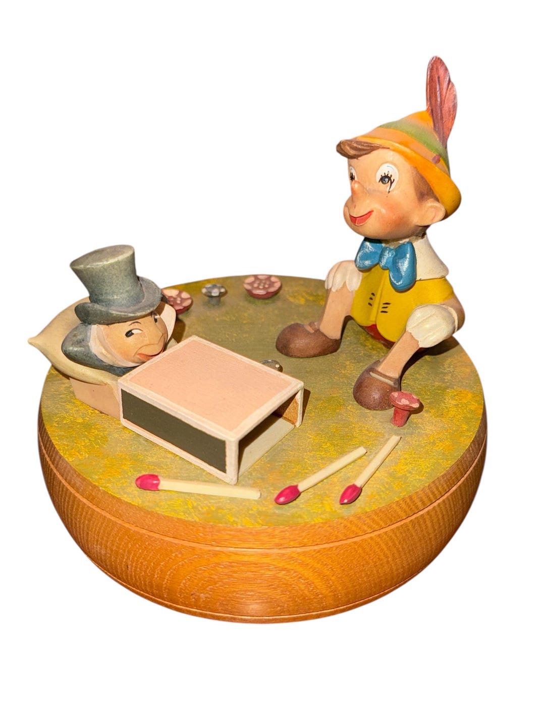 Vintage 70’s Disney ANRI Wood Carved Pinocchio Jimminy Cricket Matchbox ...
