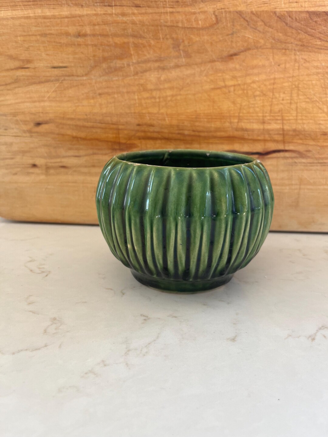 VTG USA Pottery MCM Round Ball Planter Green Vertical Ribbed Bamboo ...