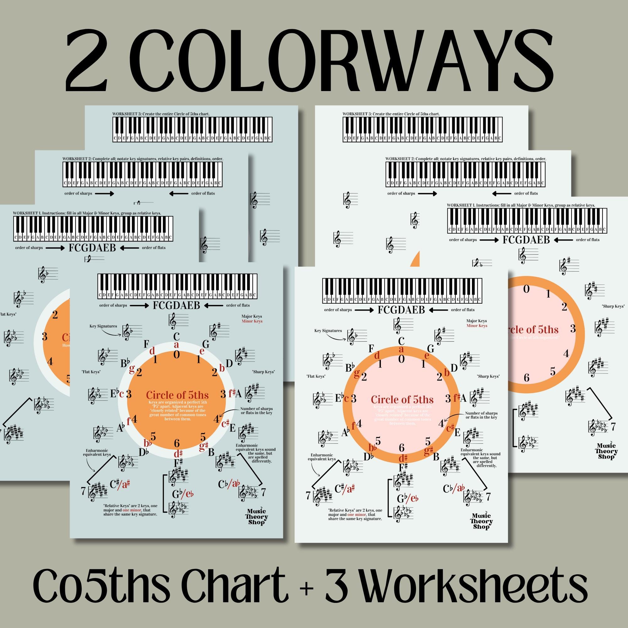 8 MUSIC THEORY, Circle of 5ths, 3 Worksheets, Major & Minor Key ...