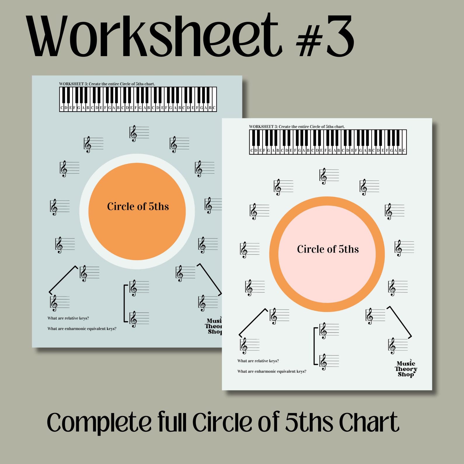 8 MUSIC THEORY, Circle of 5ths, 3 Worksheets, Major & Minor Key ...
