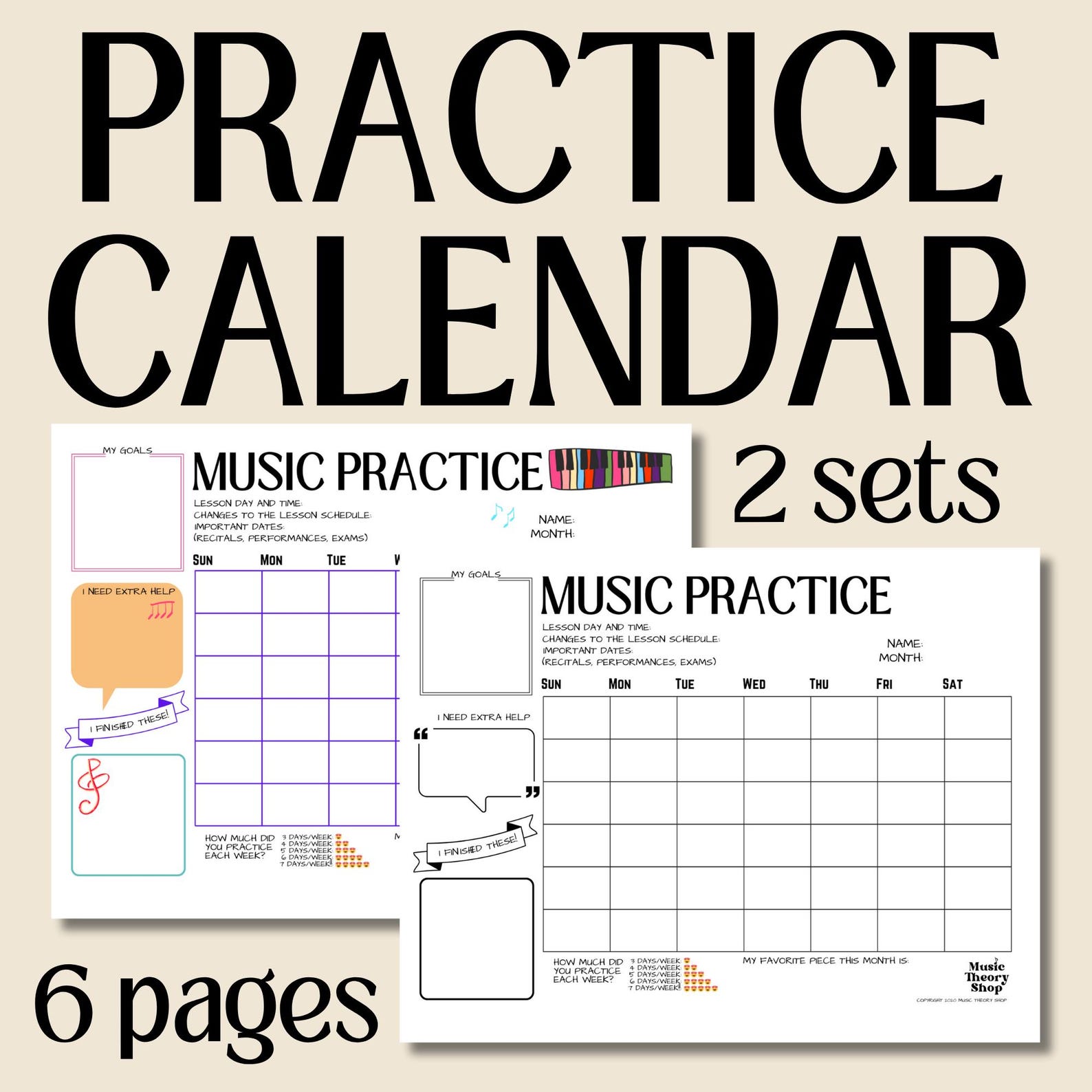 2 PRACTICE CALENDARS, Music Practice Tracker, Practice Chart, Music ...