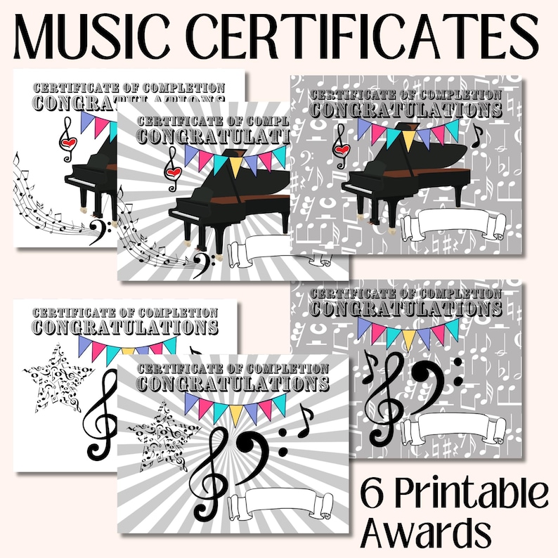 6 MUSIC CERTIFICATE, Awards, Printable, Piano, Treble Clef, Bass Clef ...