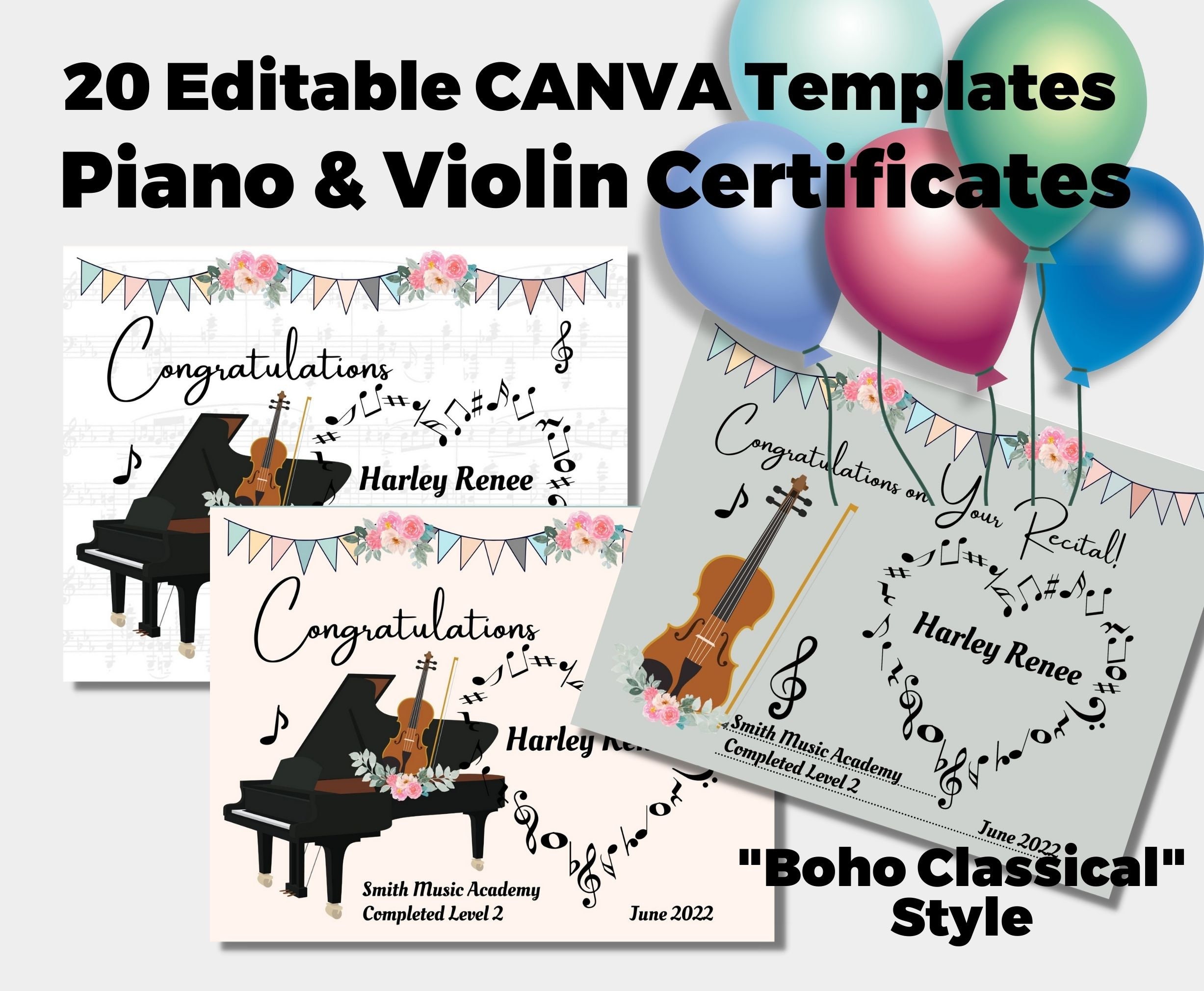 20 Editable CANVA Templates, Certificate, Award, Piano, Violin, Music ...