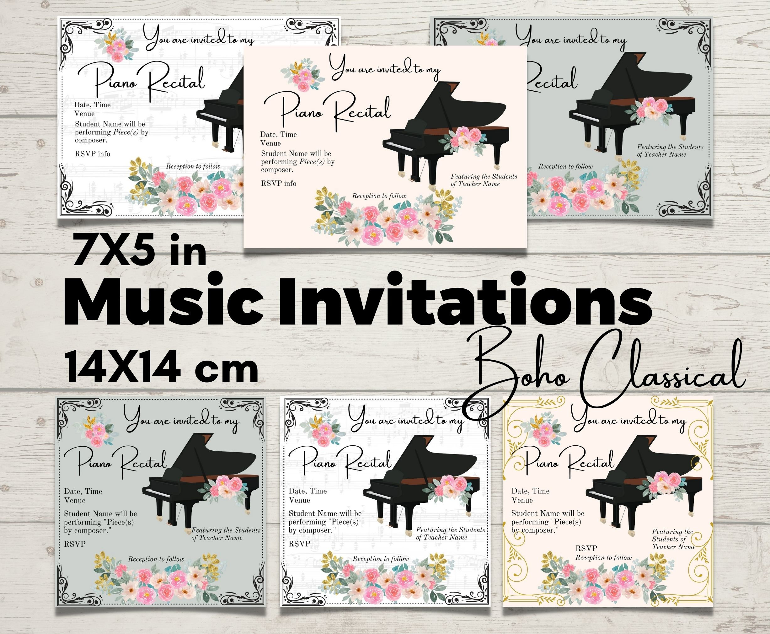 40 Editable CANVA Templates, Piano Invitations, Thank You Cards, Boho ...