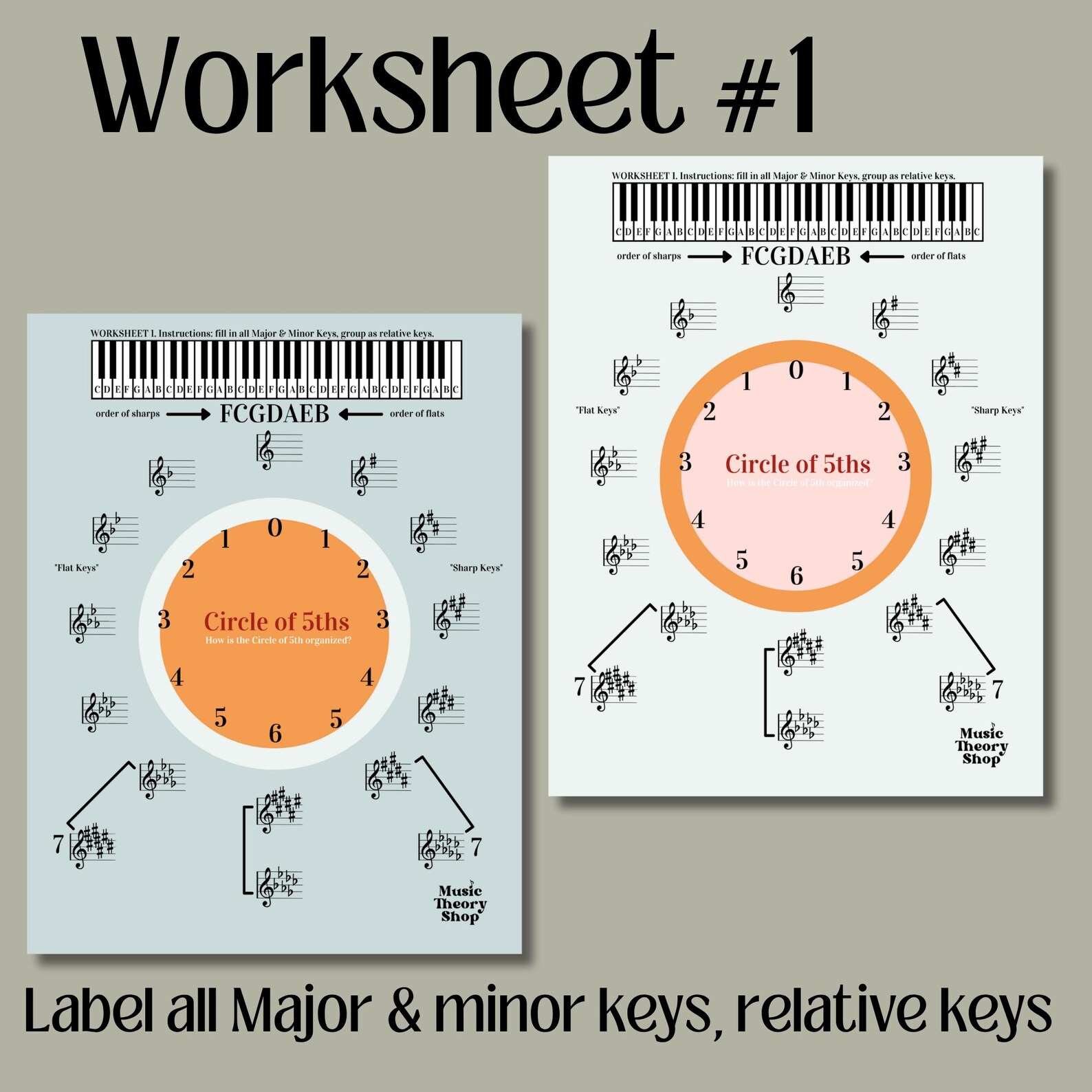 8 MUSIC THEORY, Circle of 5ths, 3 Worksheets, Major & Minor Key ...