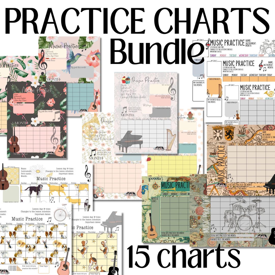 15 PRACTICE CHARTS Ultimate Bundle, Music Practice Tracker, Music ...