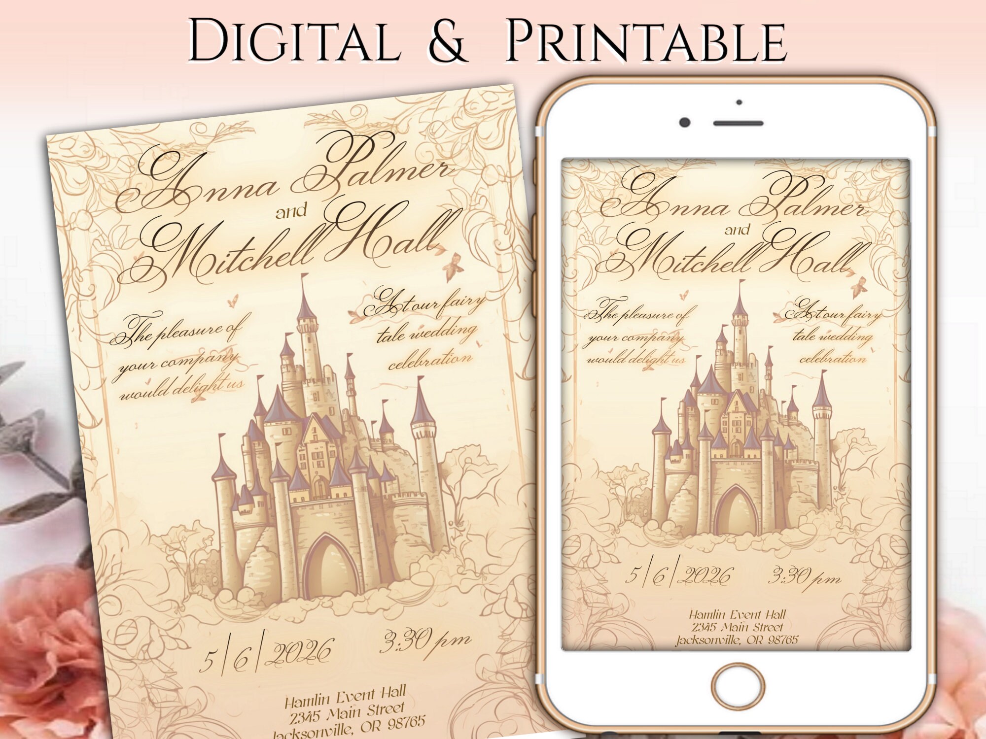 Vintage Castle Wedding Invitation Digital or Printable Invitation Fairy ...