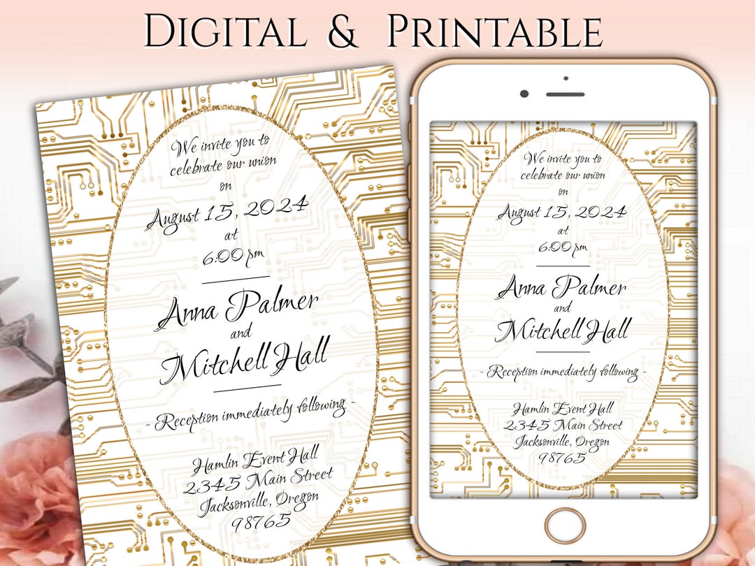 Gold Circuit Board Wedding Invitation Digital or Printable Wedding Invitation for Nerdy Weddings ...