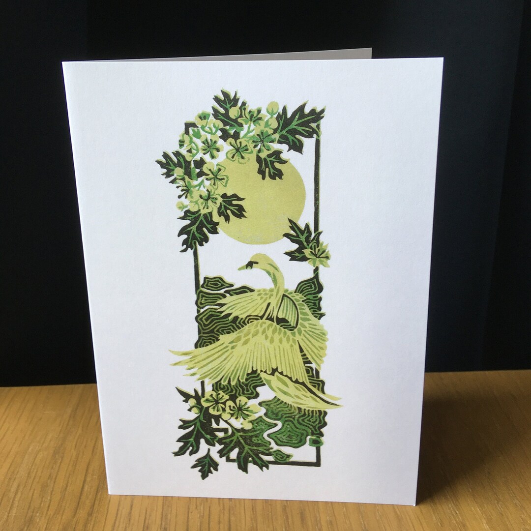 Swan, Moon and Hawthorn Linocut Greetings Card - Etsy