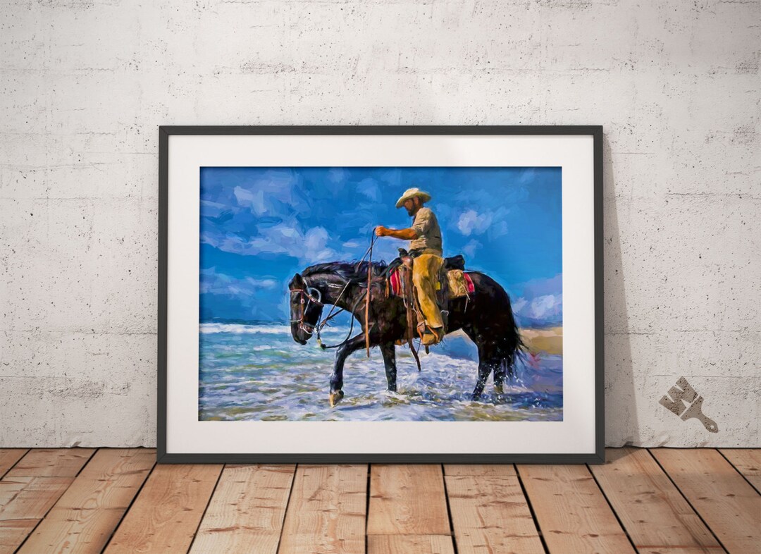 Cowboy at the Beach Print, Cowboy Painting, Wild West Painting, Western ...