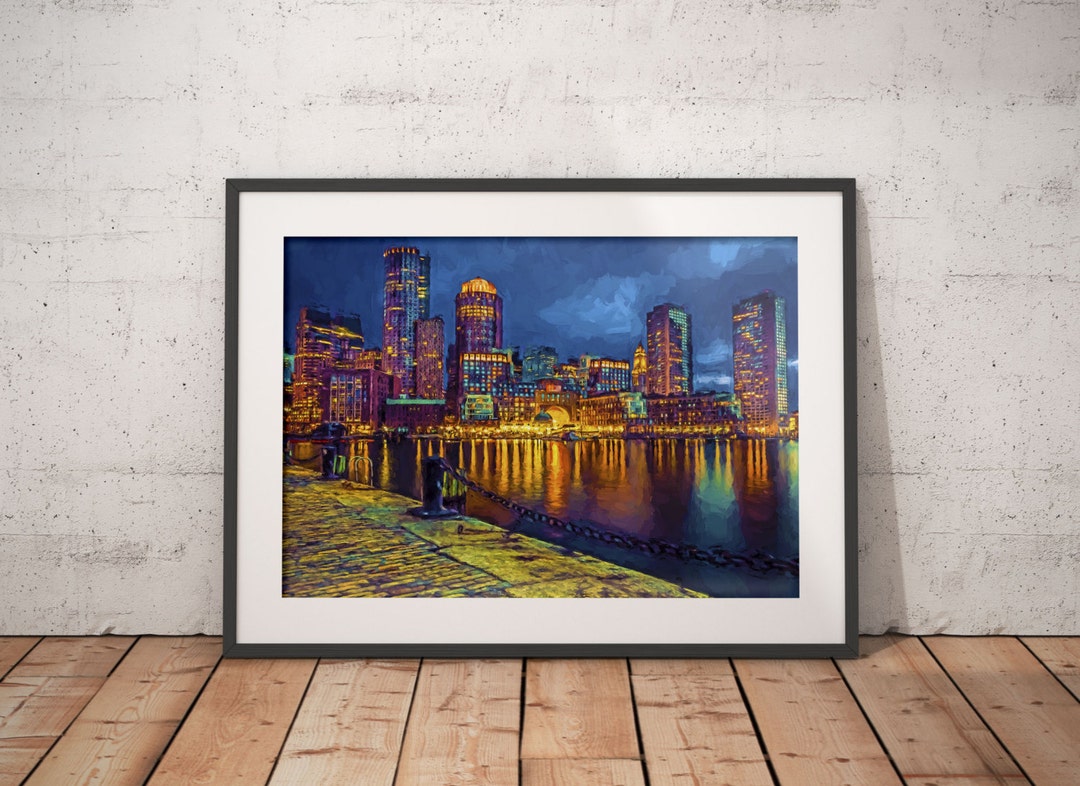 Boston at Night Print, Boston Skyline Painting, Boston Artwork, City ...