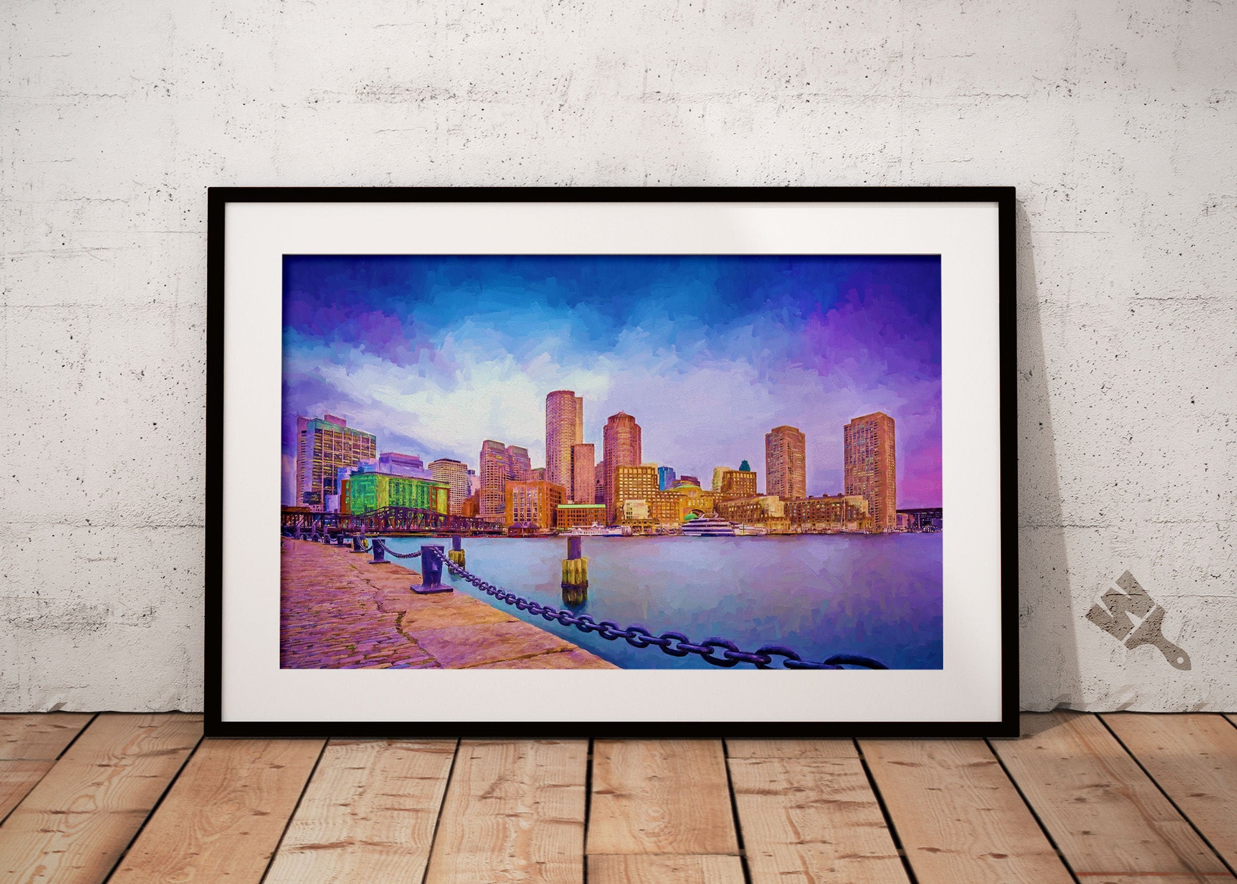 Boston Harbor Skyline Print, Boston Skyline Painting, Rowes Wharf, Fan ...