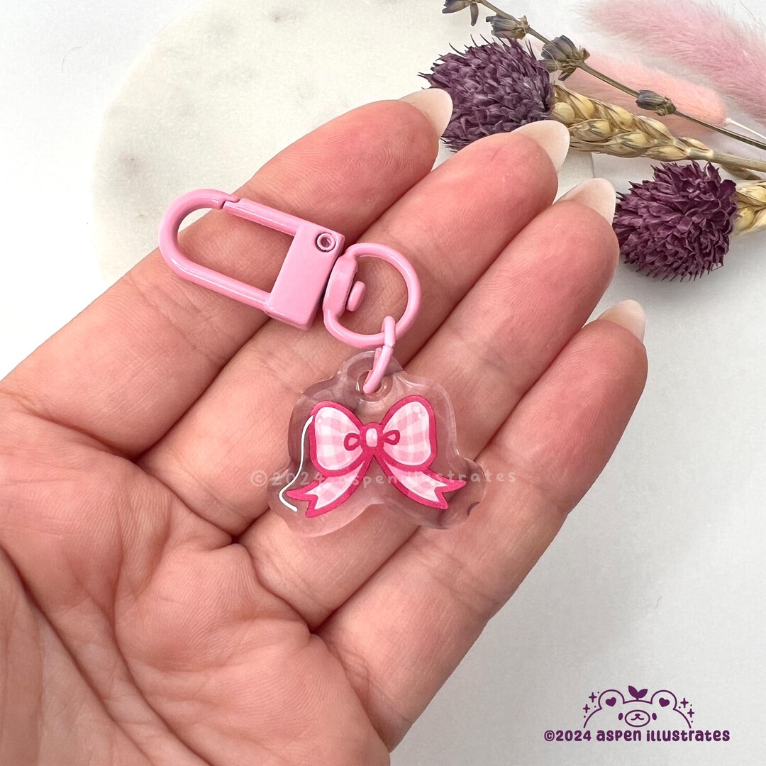 Cute Little Pink Bow Mini Acrylic Keychain, Kawaii Tiny Gingham Bow ...