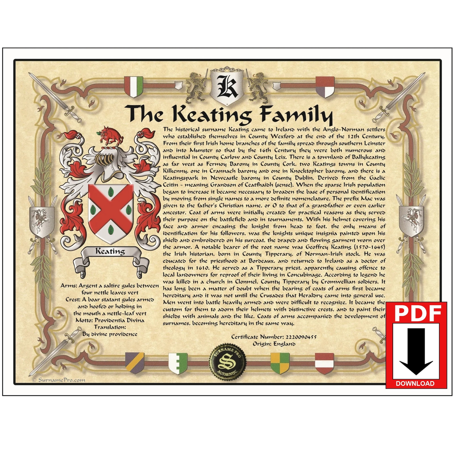 Family Crest Coat of Arms Print: Surname Origin (PDF Digital Download ...