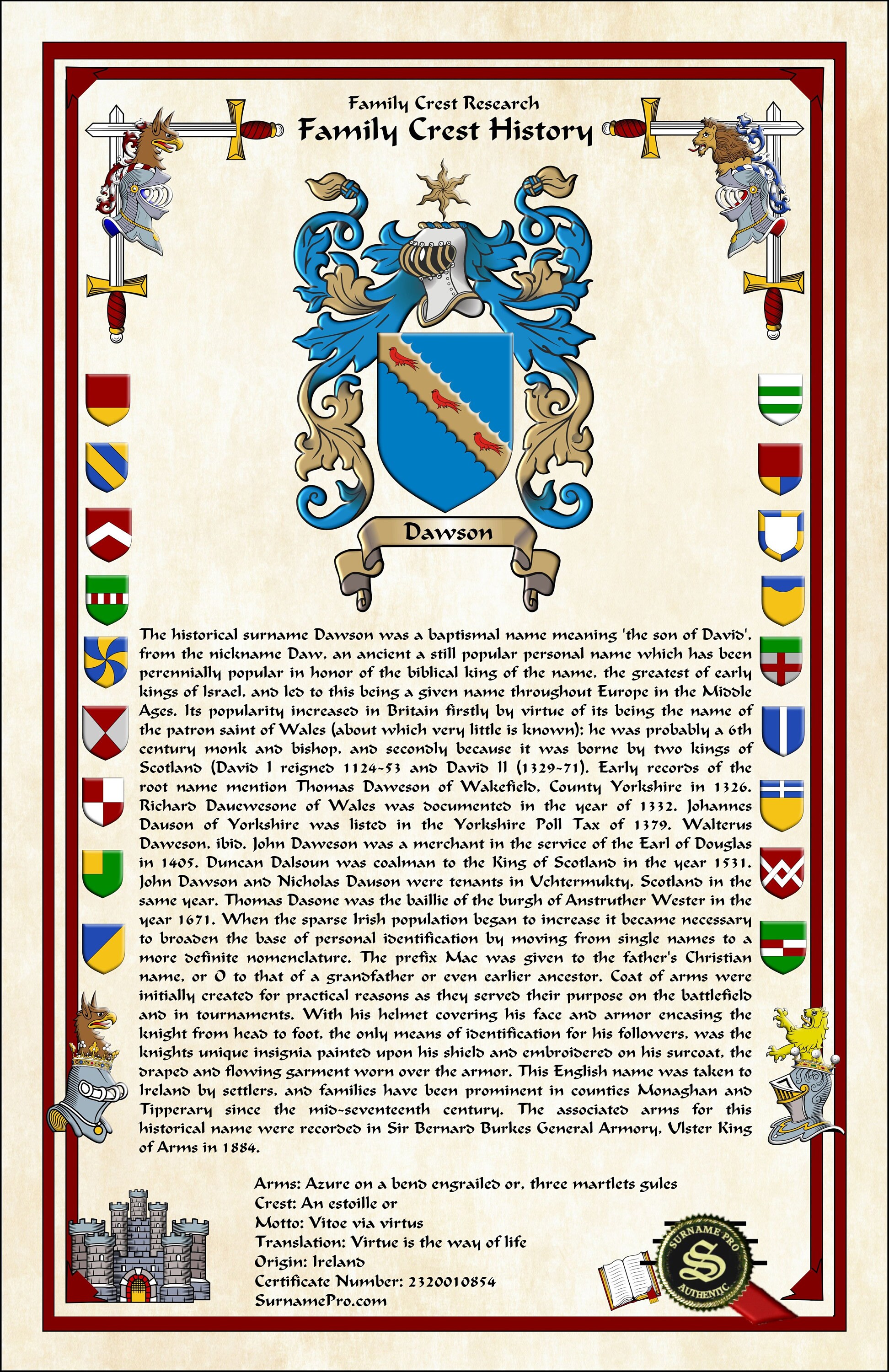 Custom Family Crest & Coat of Arms Scroll: Surname History Print (11x17 ...