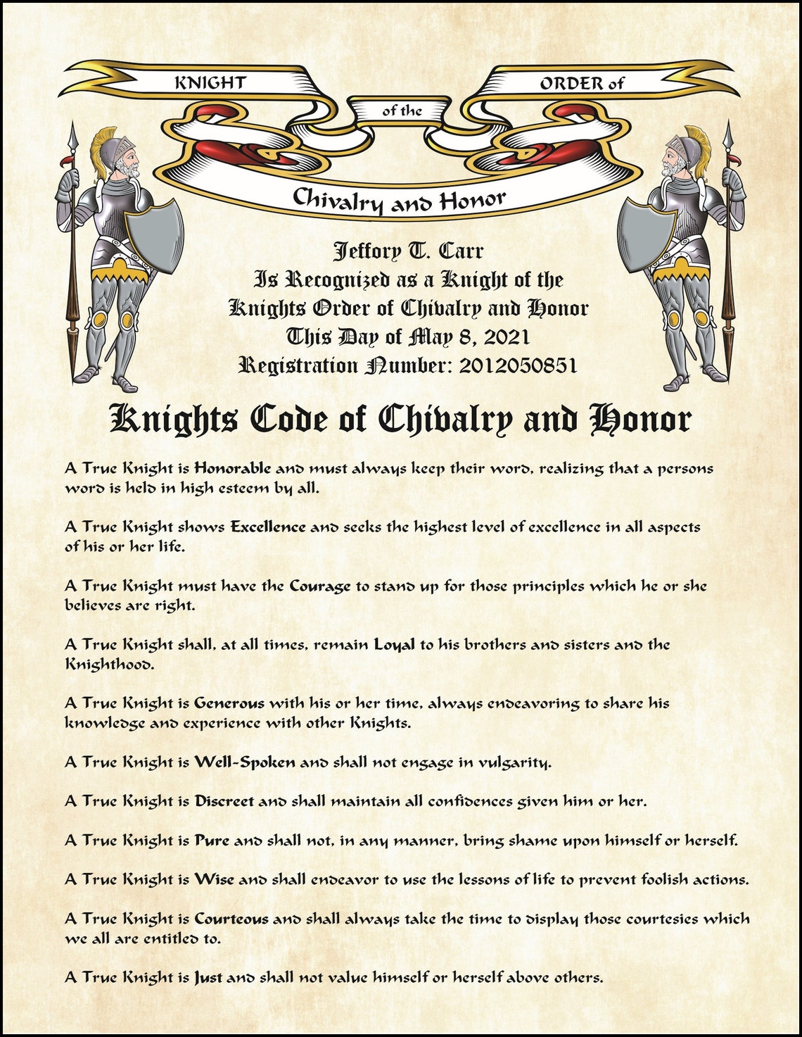 Knights Order of Chivalry and Honor print with coat of arms | Etsy