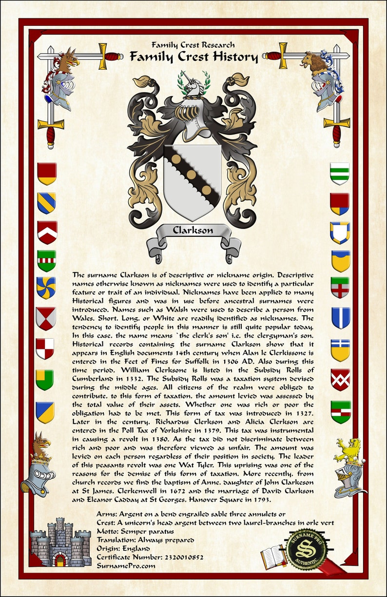 Custom Family Crest & Coat of Arms Scroll: Surname History Print (11x17 ...
