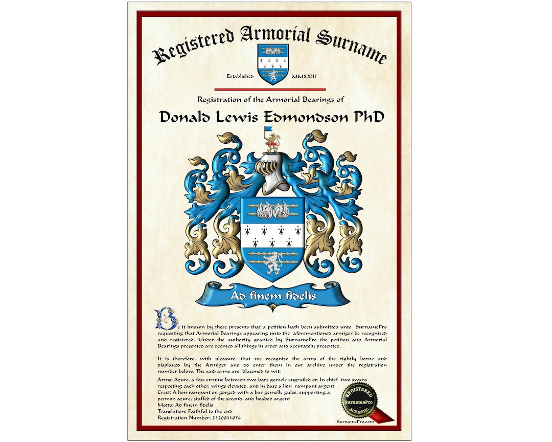 Registered Certified Armorial Family Name Crest Arms Certificate Custom ...