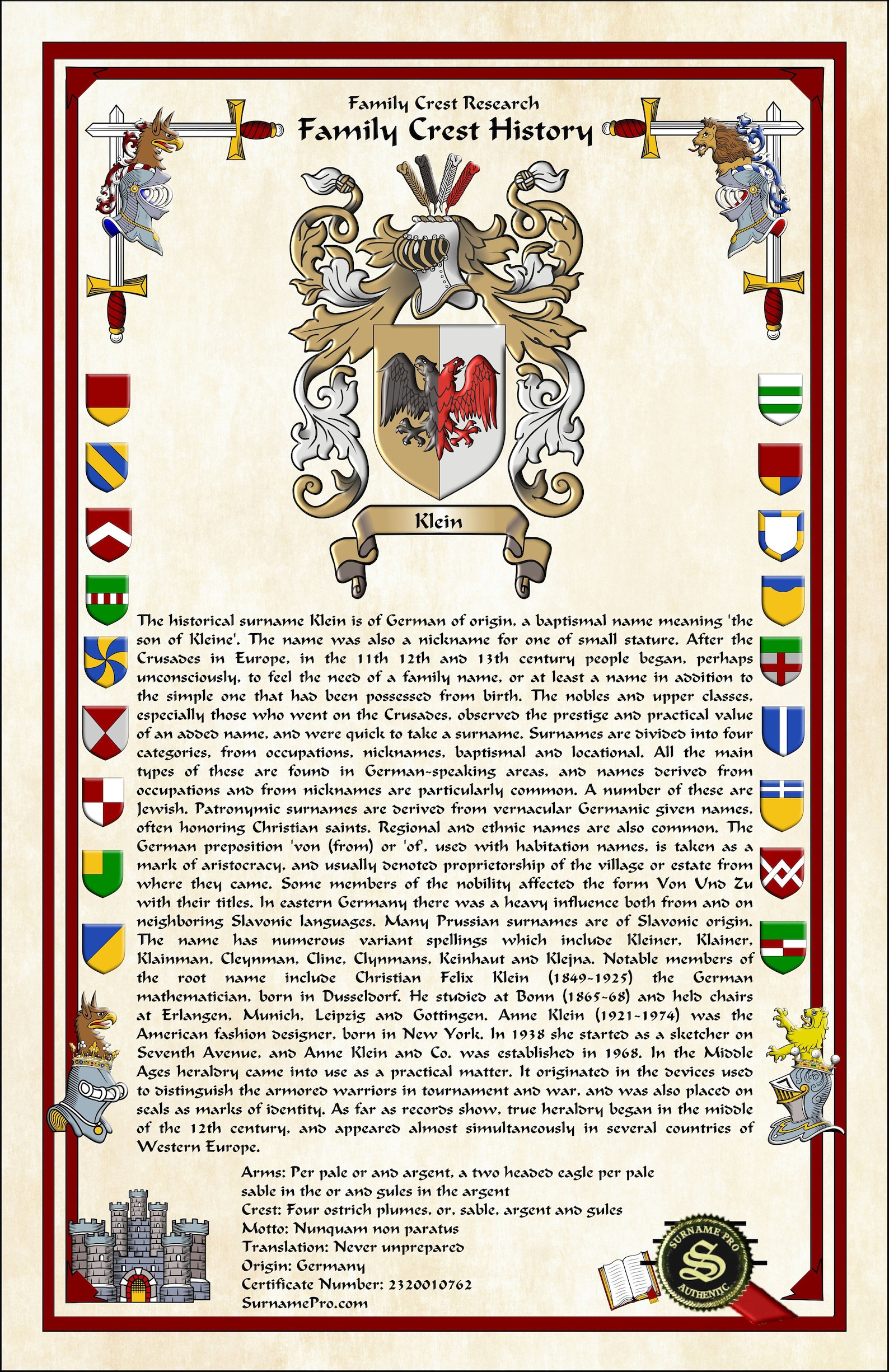 Custom Family Crest & Coat of Arms Scroll: Surname History Print (11x17 ...