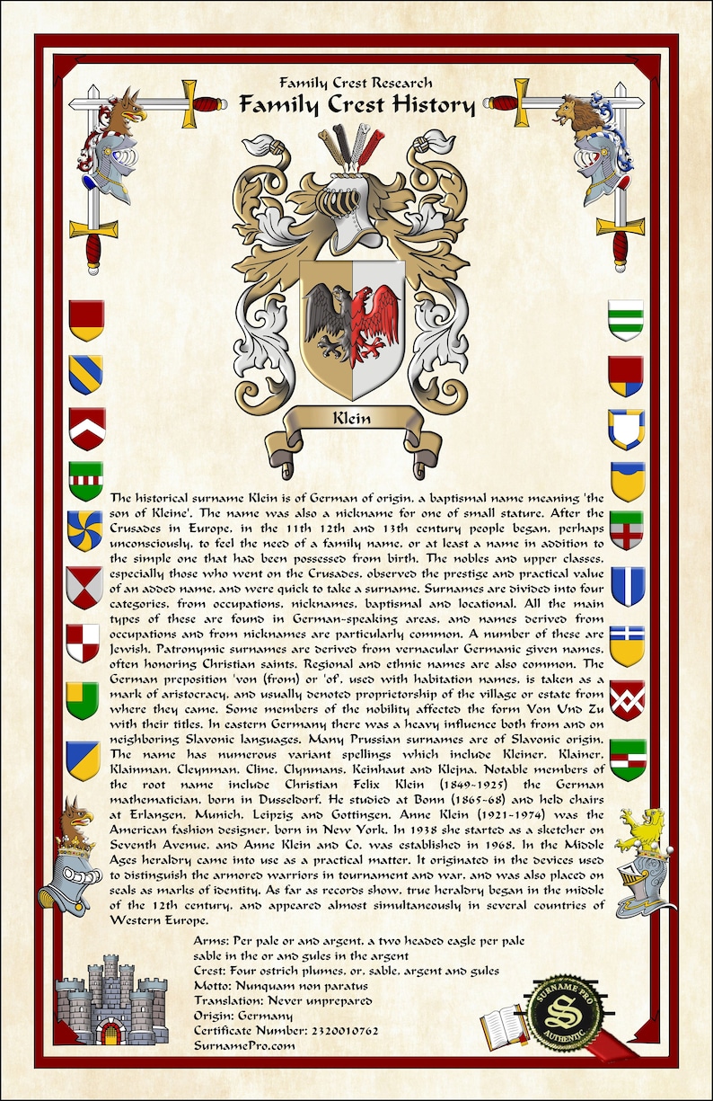 Custom Family Crest & Coat of Arms Scroll: Surname History Print (11x17 ...
