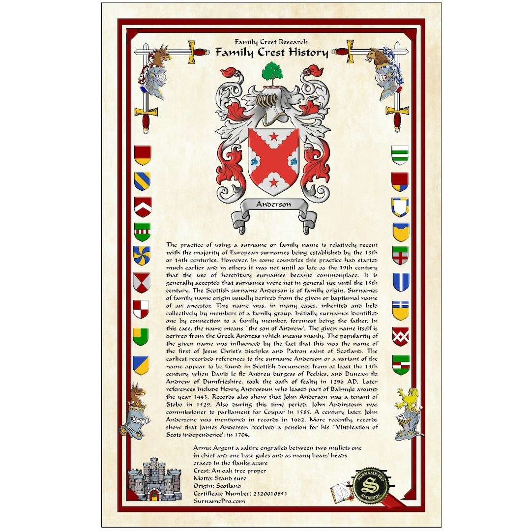 Custom Family Crest & Coat of Arms Scroll: Surname History Print (11x17 ...