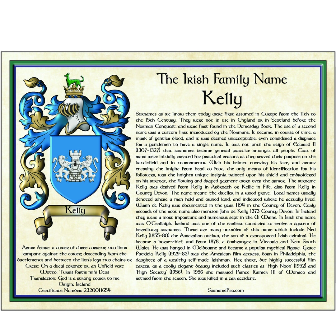 Irish Family Name History Print With Coat of Arms & Crest - Etsy