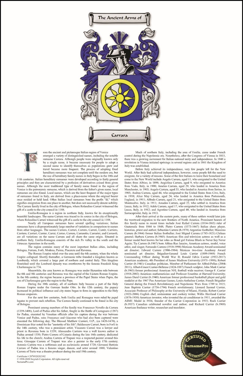 Prestige Coat of Arms Family Crest and Surname History With | Etsy