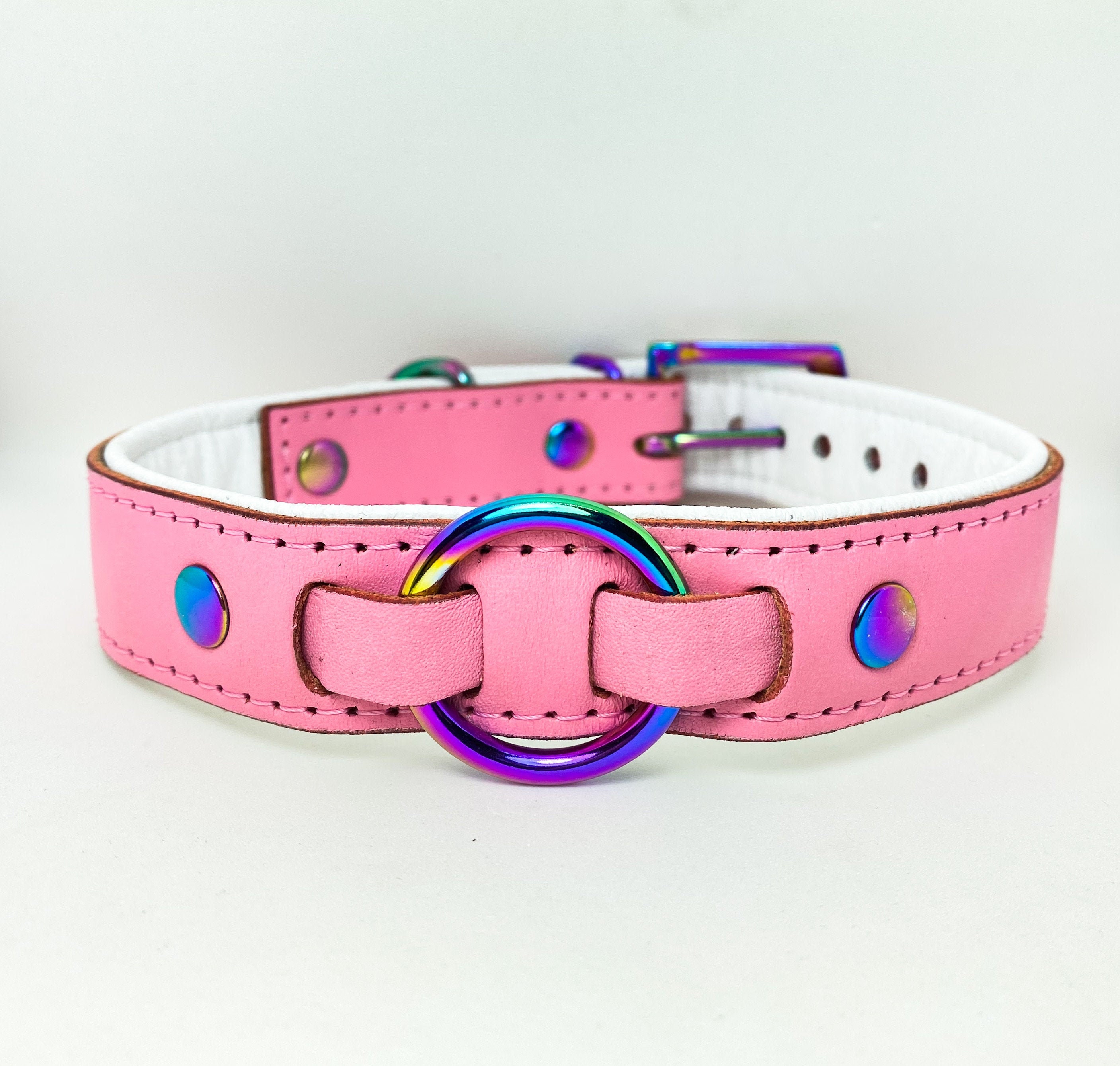 Pink Leather Collar With Iridescent Hardware - Etsy
