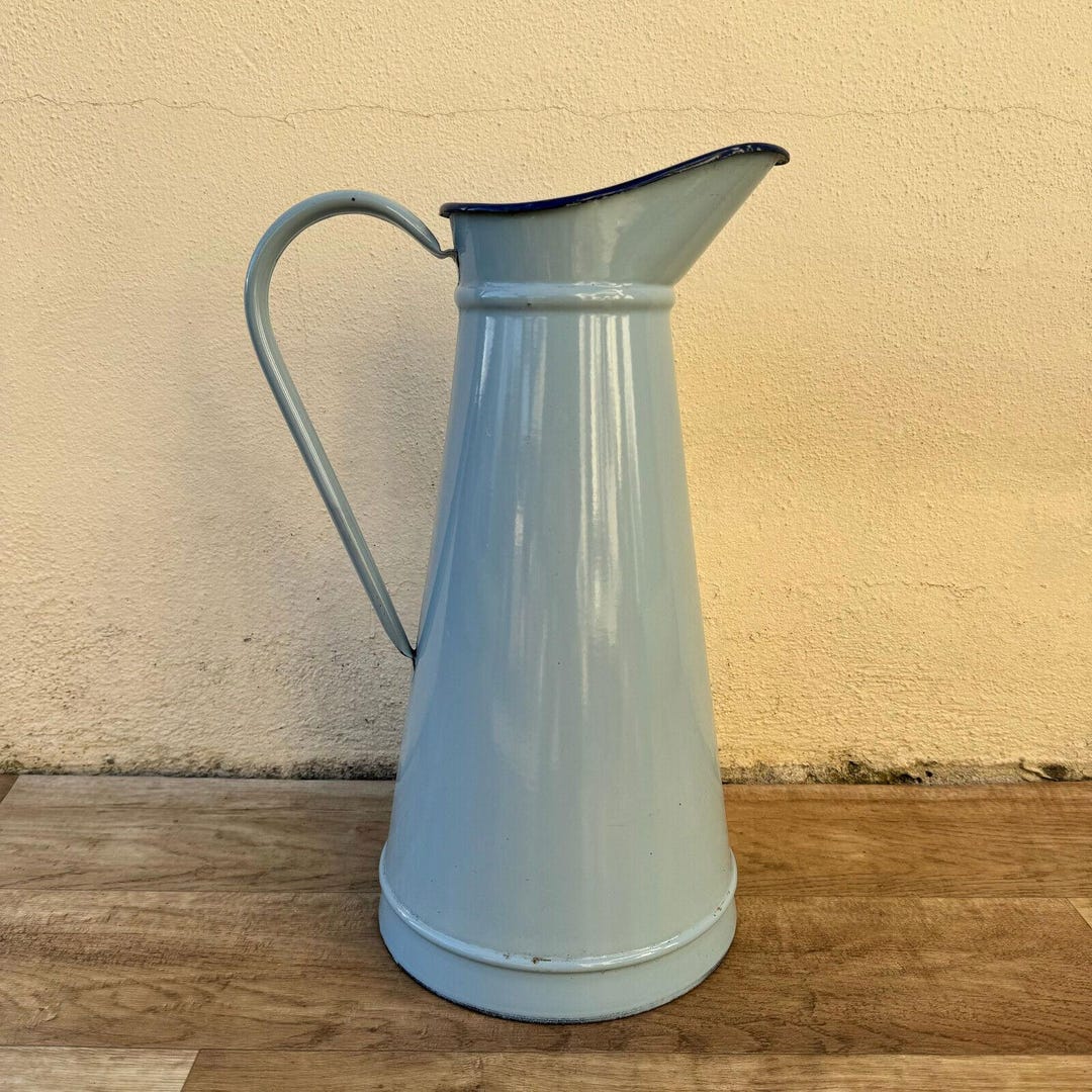 Vintage French Enamel Pitcher Jug Water Enameled Blue Grey 1302254 - Etsy