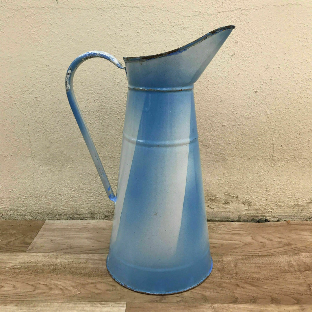 Vintage French Enamel Pitcher Jug Water Enameled White Blue 3010179 - Etsy