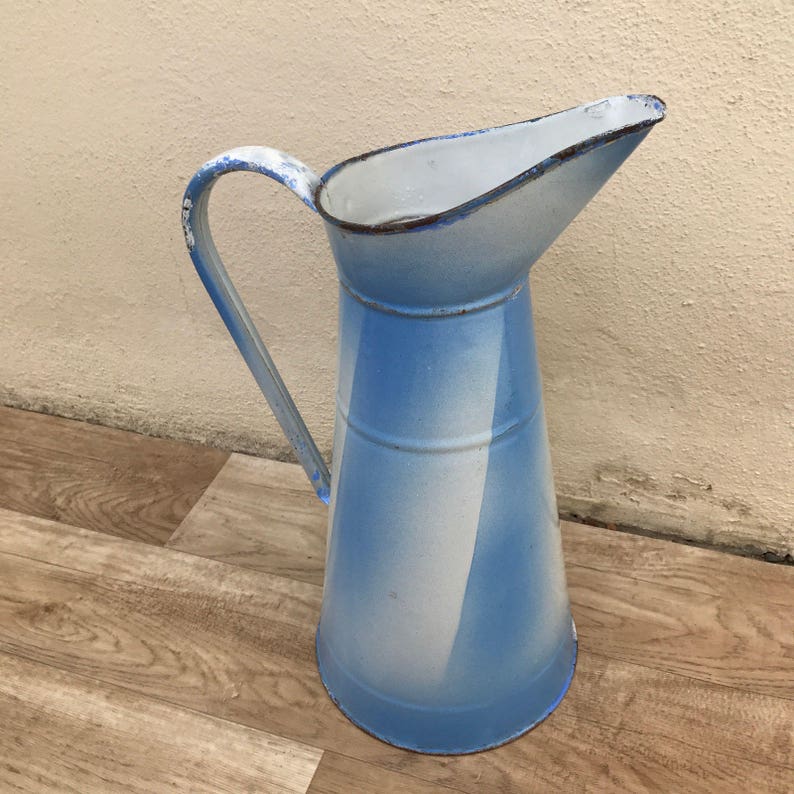 Vintage French Enamel pitcher jug water enameled white blue | Etsy