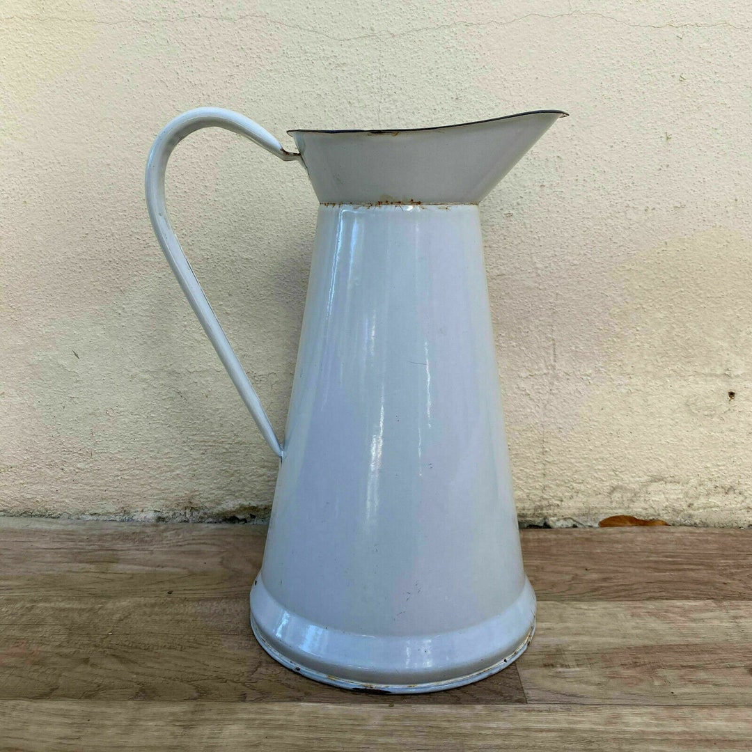 Vintage French Enamel Pitcher Jug Water Enameled White Great Condition ...