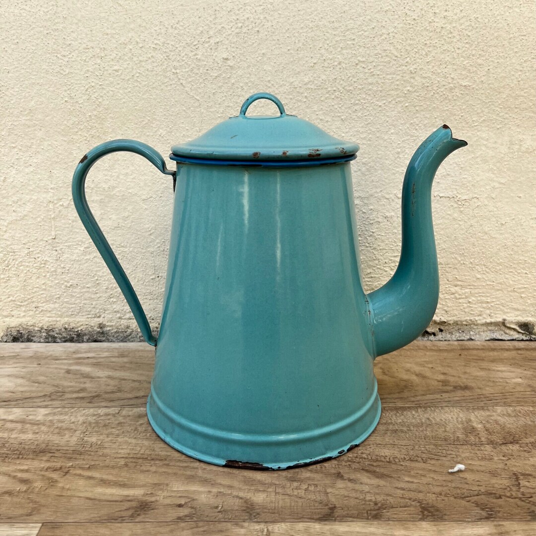 French Enamel Coffee Pot Turquoise Blue Vintage Enamelware Kitchen ...