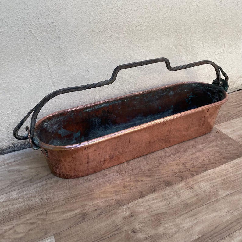 Antique French Copper Fish Kettle Poacher Steamer Planter Hammered ...
