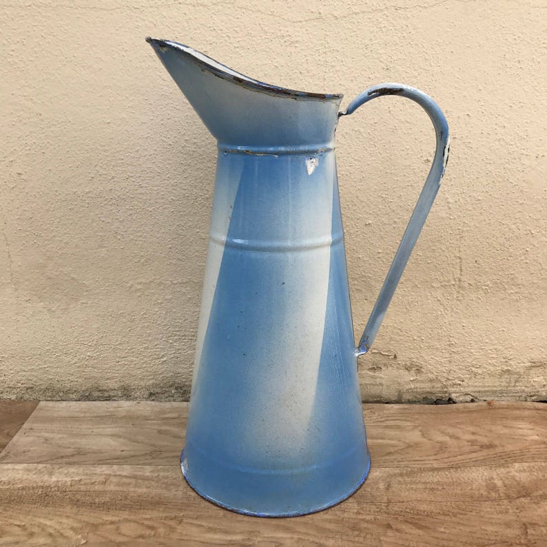 Vintage French Enamel pitcher jug water enameled white blue | Etsy