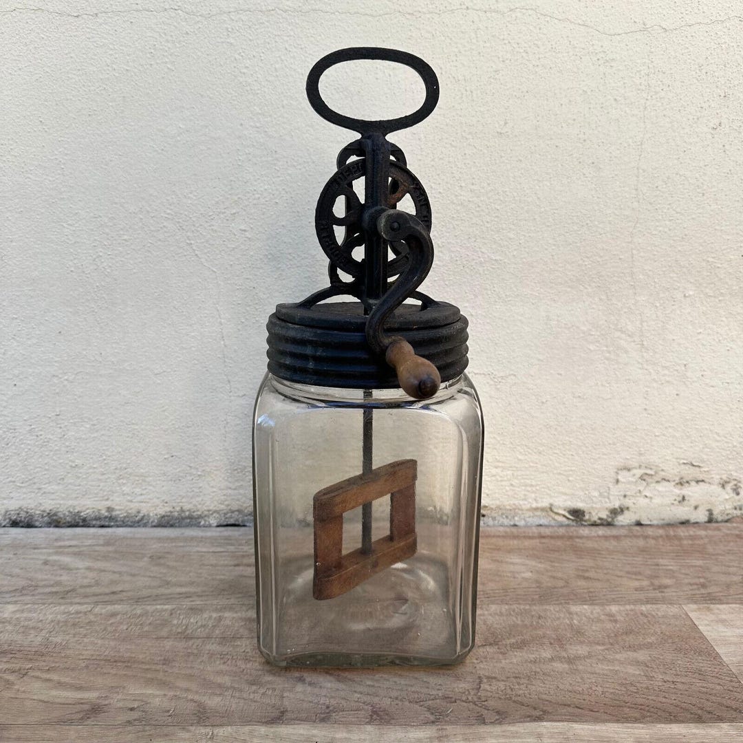 Vintage French Butter Churn Glass Jar Cast Iron Wood Paddle 1930s ...