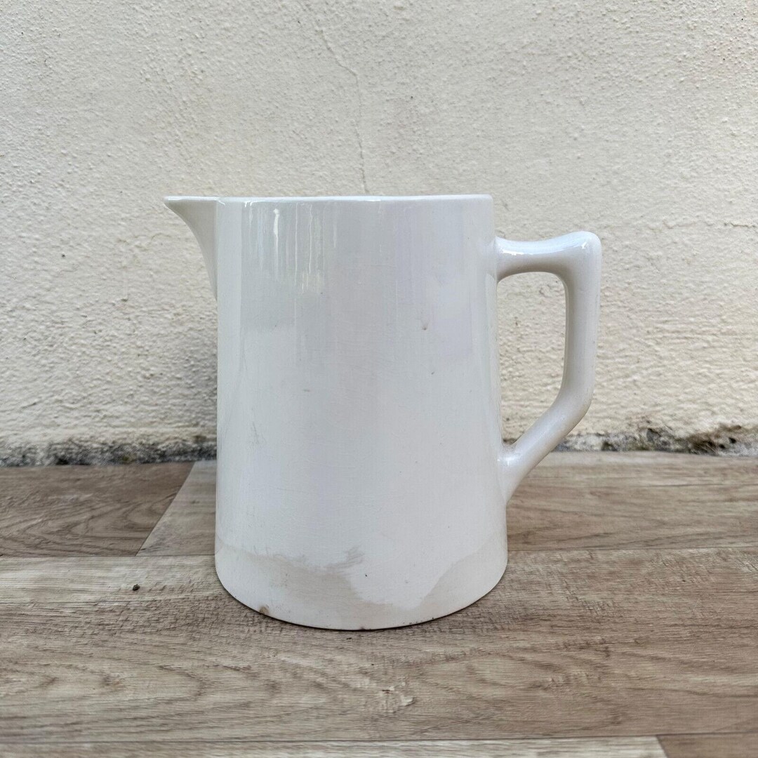 Vintage French Enamel Pitcher Jug Water White Digoin Sarreguemines ...