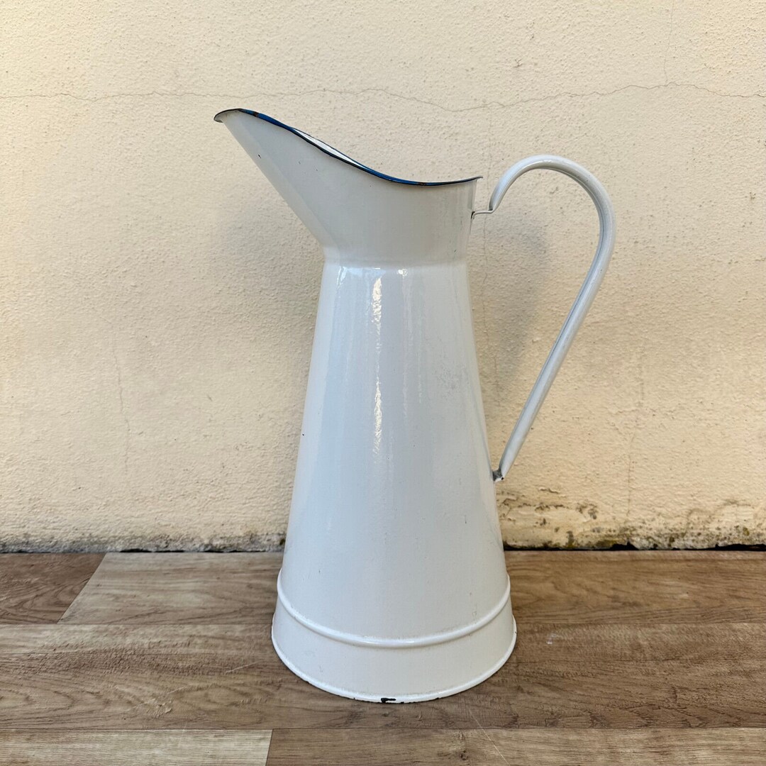Vintage French Enamel Pitcher Jug Water Enameled White 3011231 - Etsy