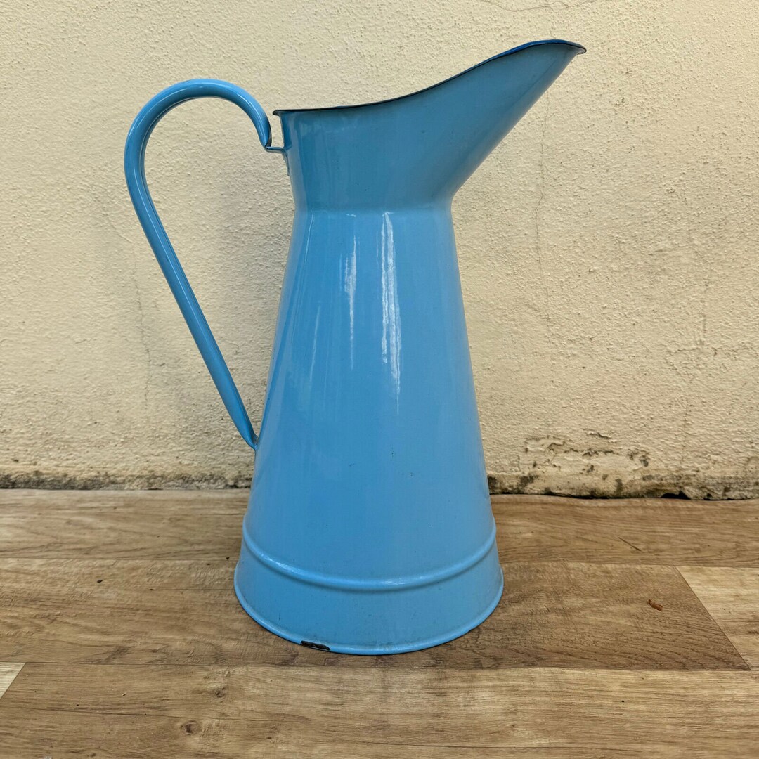 Vintage French Enamel Pitcher Jug Water Enameled Blue With Tags 1907241 ...