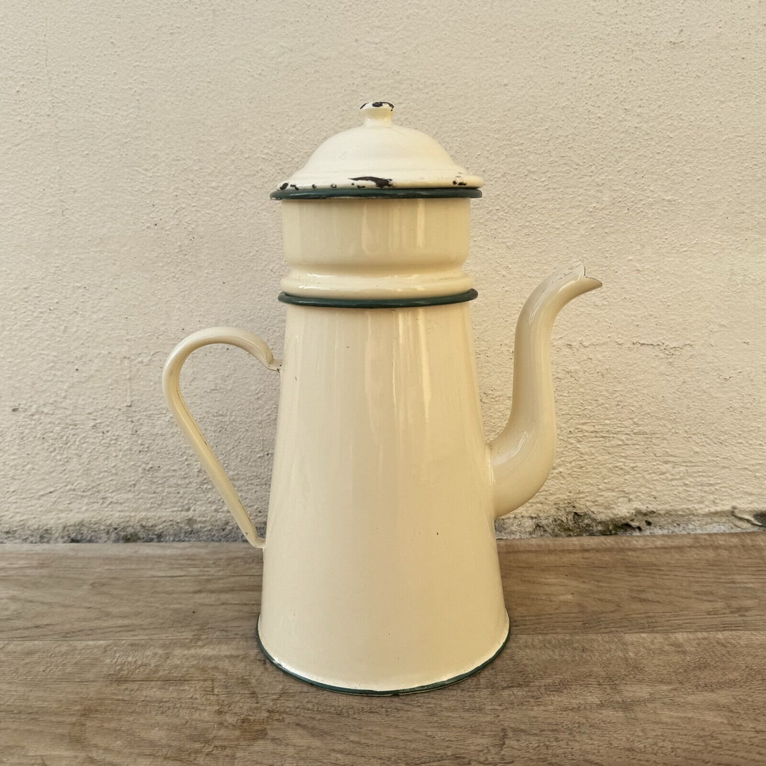 Vintage French Enamel Coffee Pot Beige Green Trim Enamelware Kitchen ...