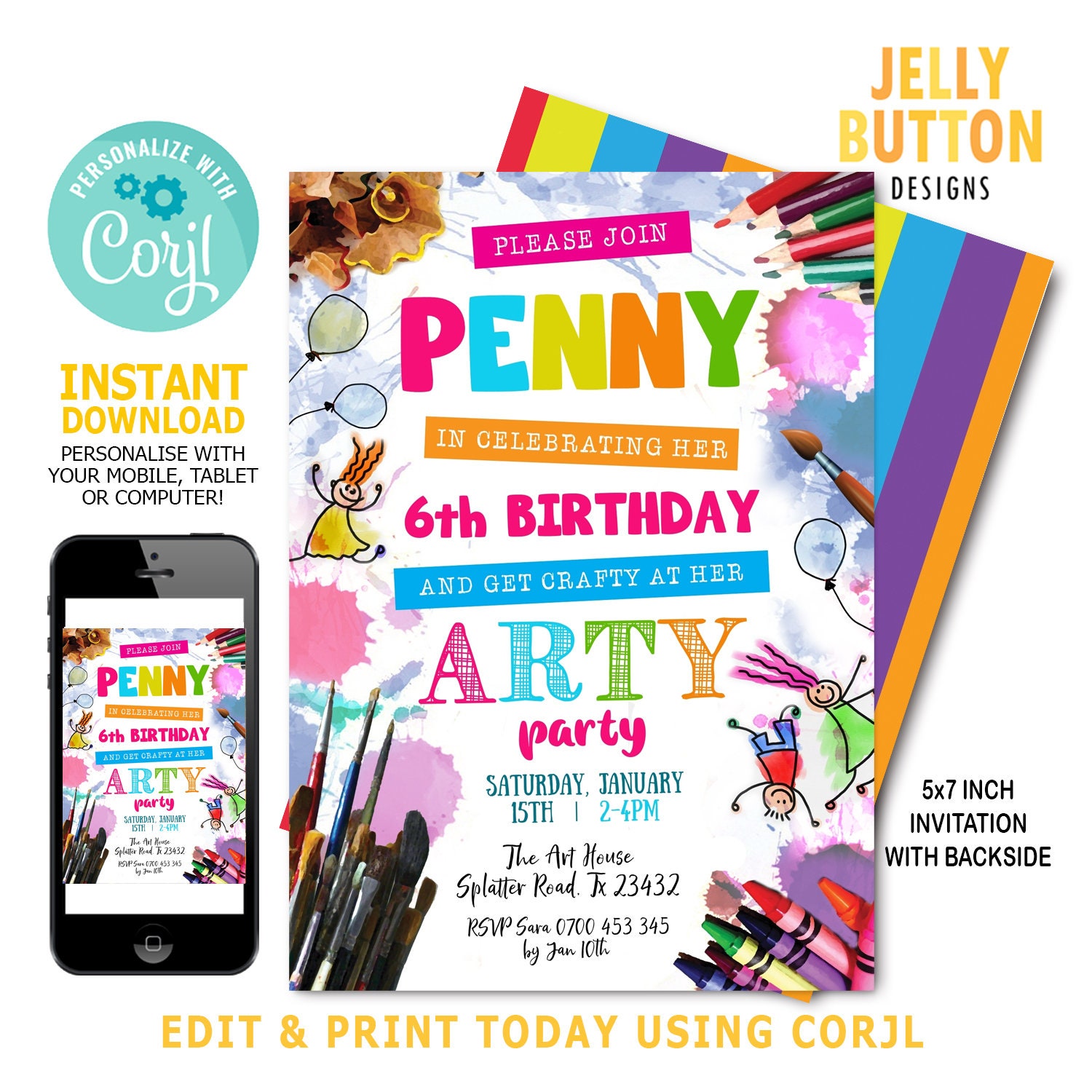 Art Painting Party Invite, Messy Art and Crafts Painting Birthday ...